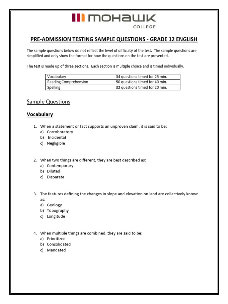 Mohawk College Pre-Admission Sample Questions - English | PDF ...