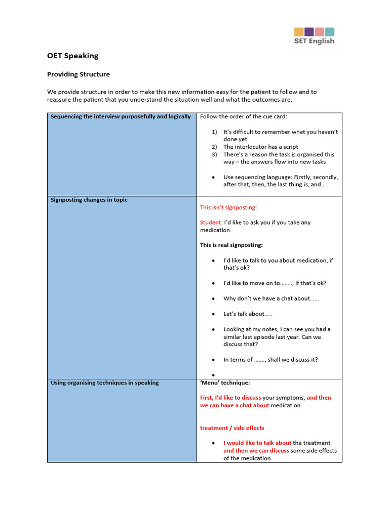 OET Speaking Providing Structure | PDF