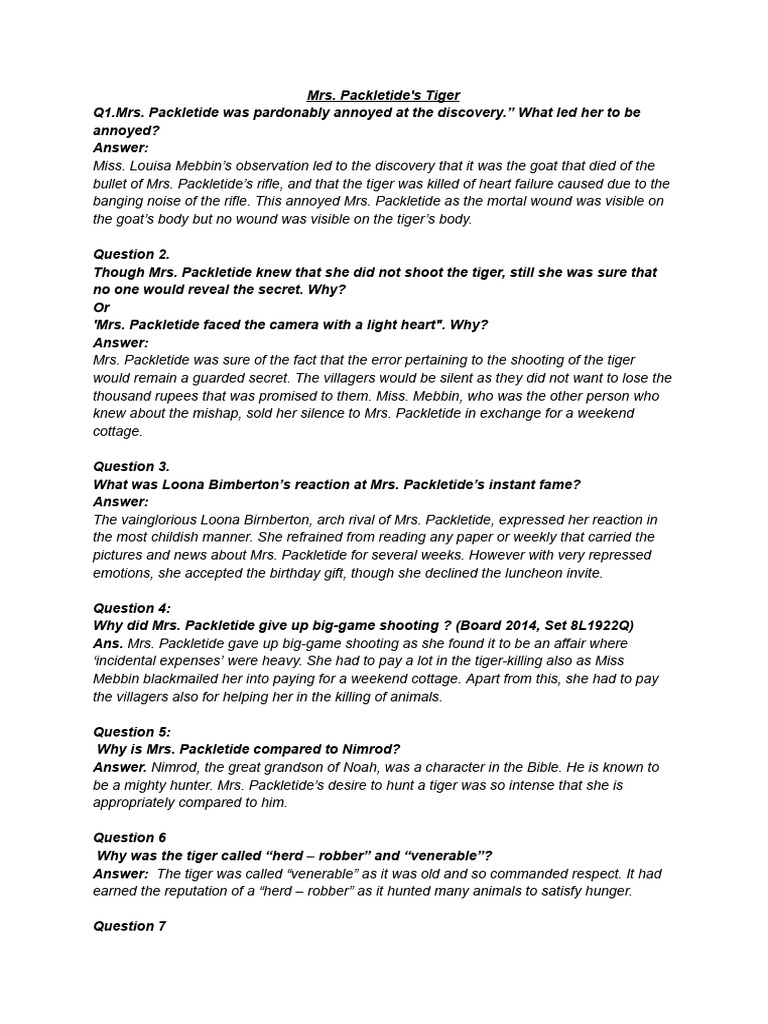 Mrs. Packletide's Tiger: Key Questions & Answers | PDF