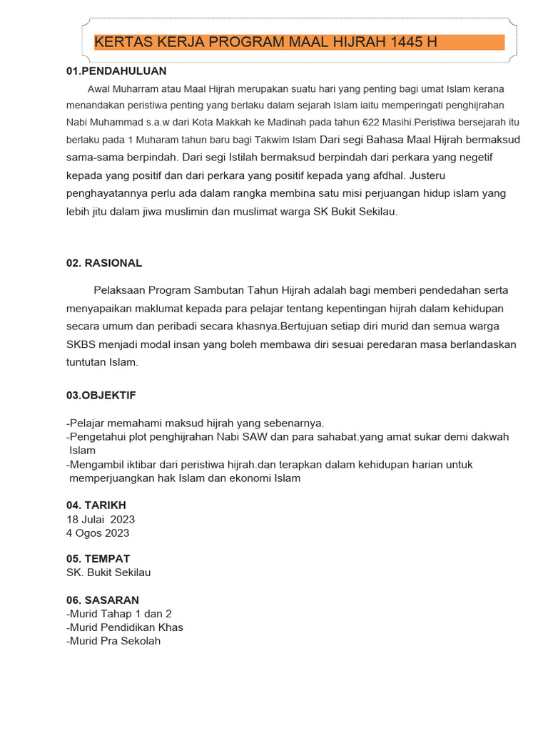 Kertas Kerja Maal Hijrah SKBS 1445H 2023M | PDF