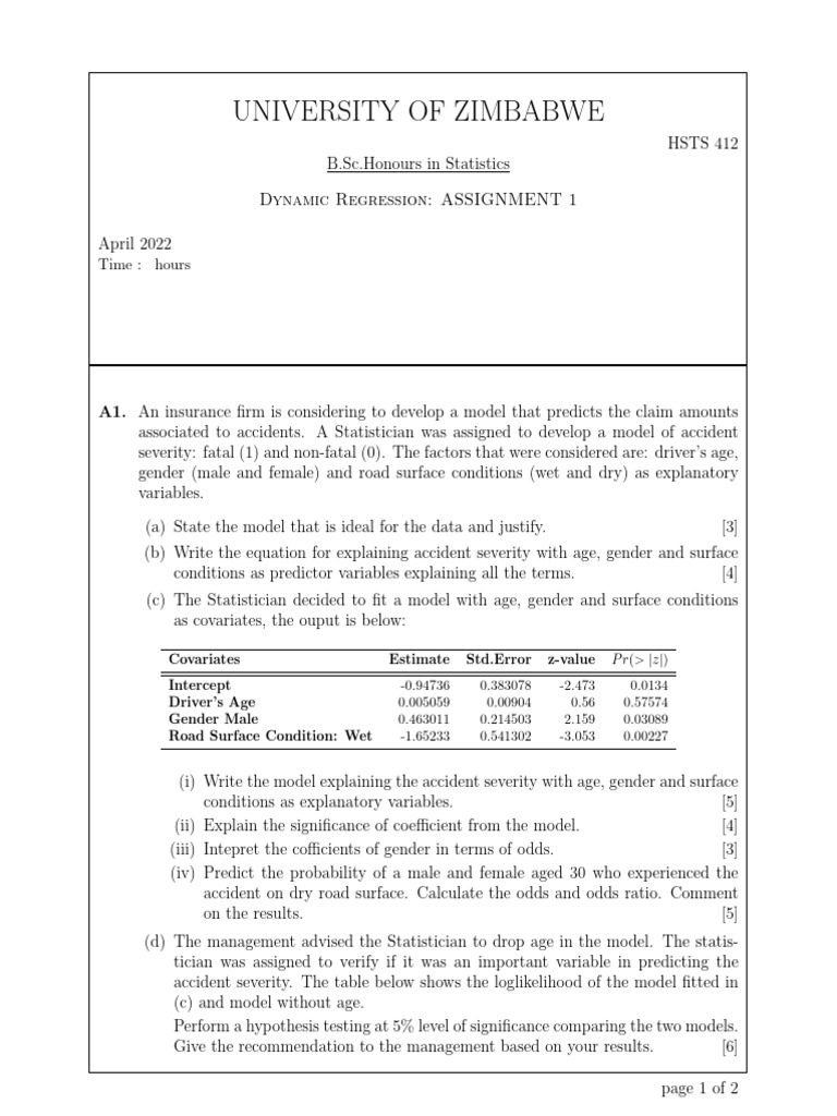 HSTS 412 GLM Assignment 1 2022 | PDF