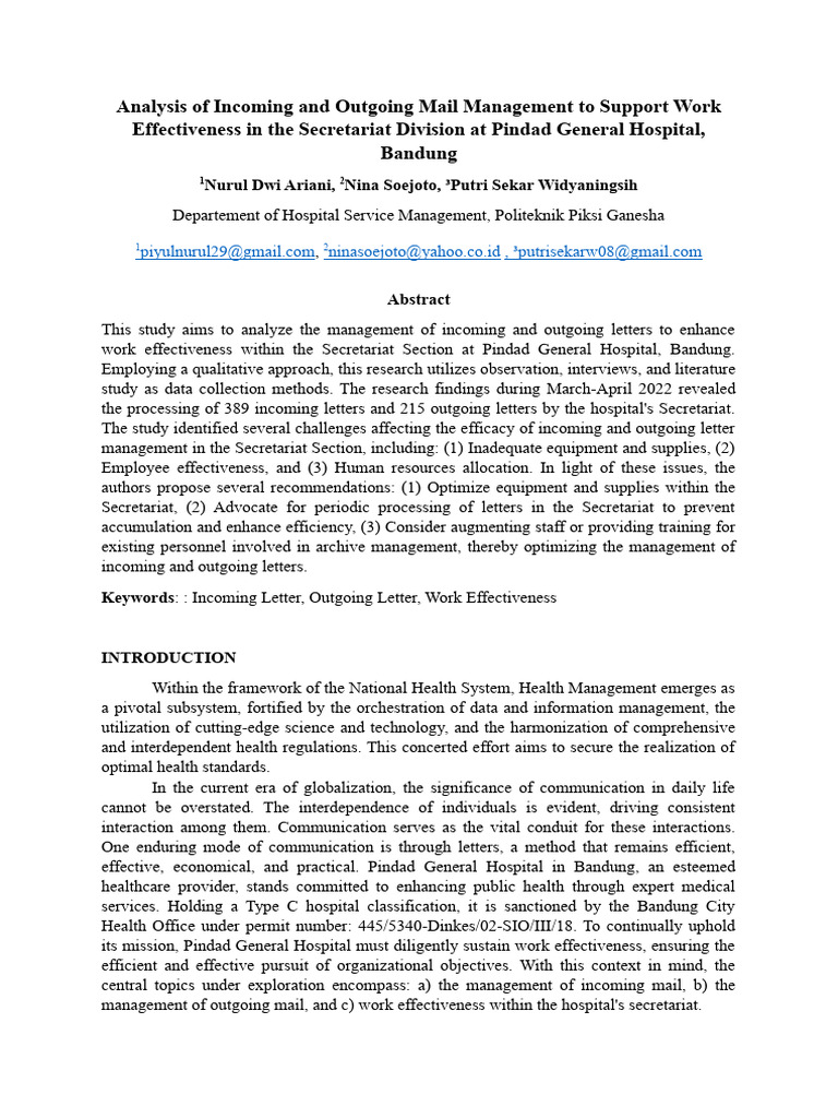 Analysis of Incoming and Outgoing Mail Management To Support Work ...