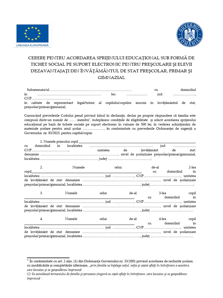 Model Cerere Tichete Sociale | PDF