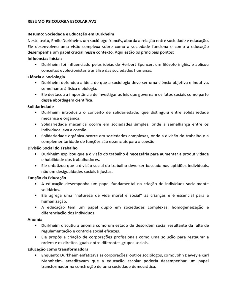Resumo Psicologia Escolar Av1 | PDF