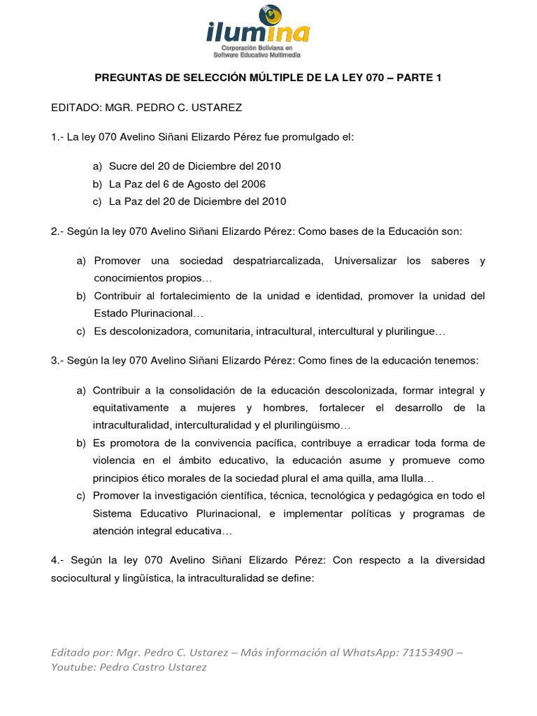 La Ley 070 - Parte 1-Banco de Preguntas para Imprimir | PDF | Ciencias sociales
