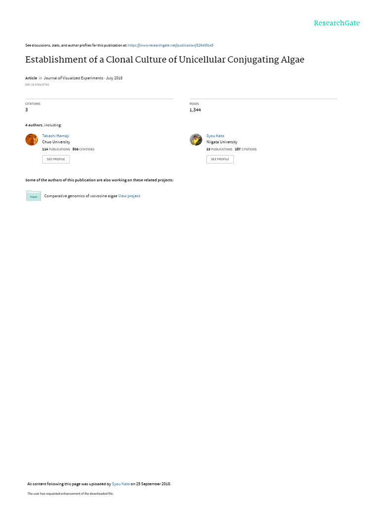 Establishment of A Clonal Culture of Unicellular Conjugating Algae ...