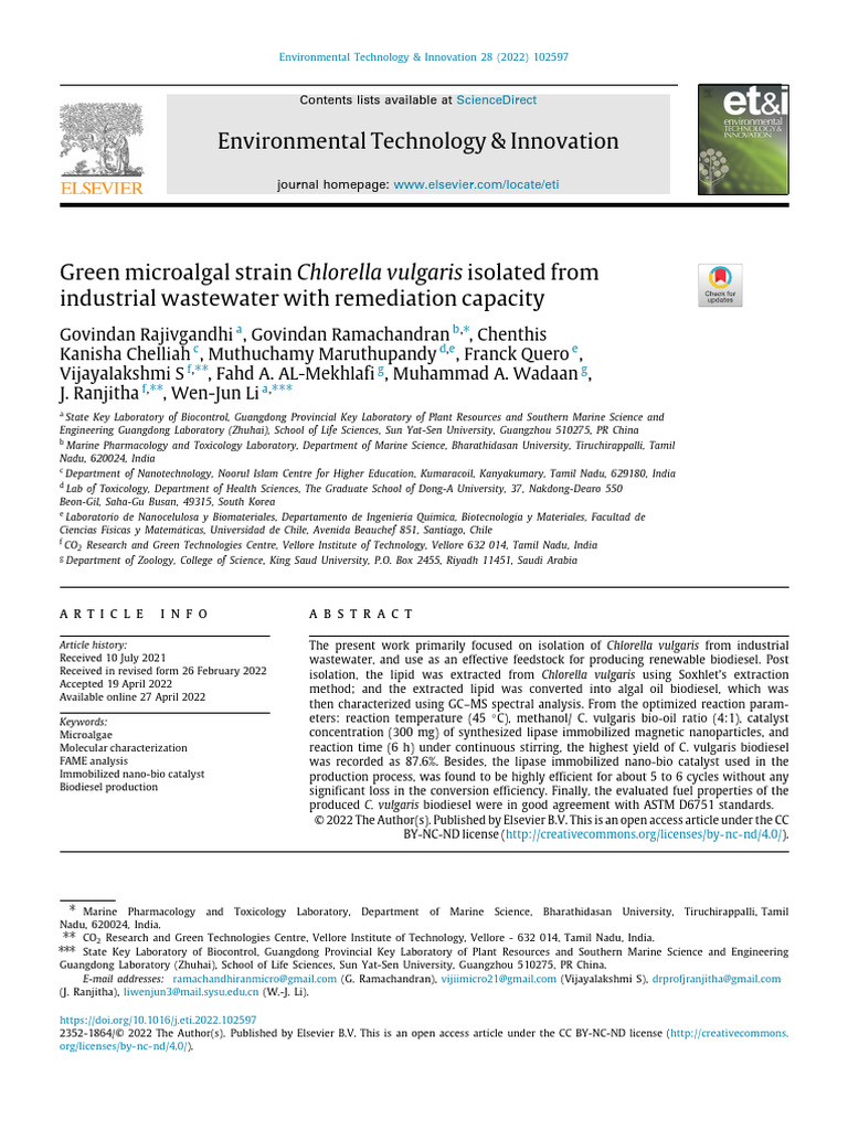 Green Microalgal Strain Chlorella Vulgaris Isolated From | PDF