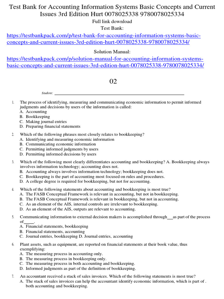 Test Bank For Accounting Information Systems Basic Concepts and Current ...