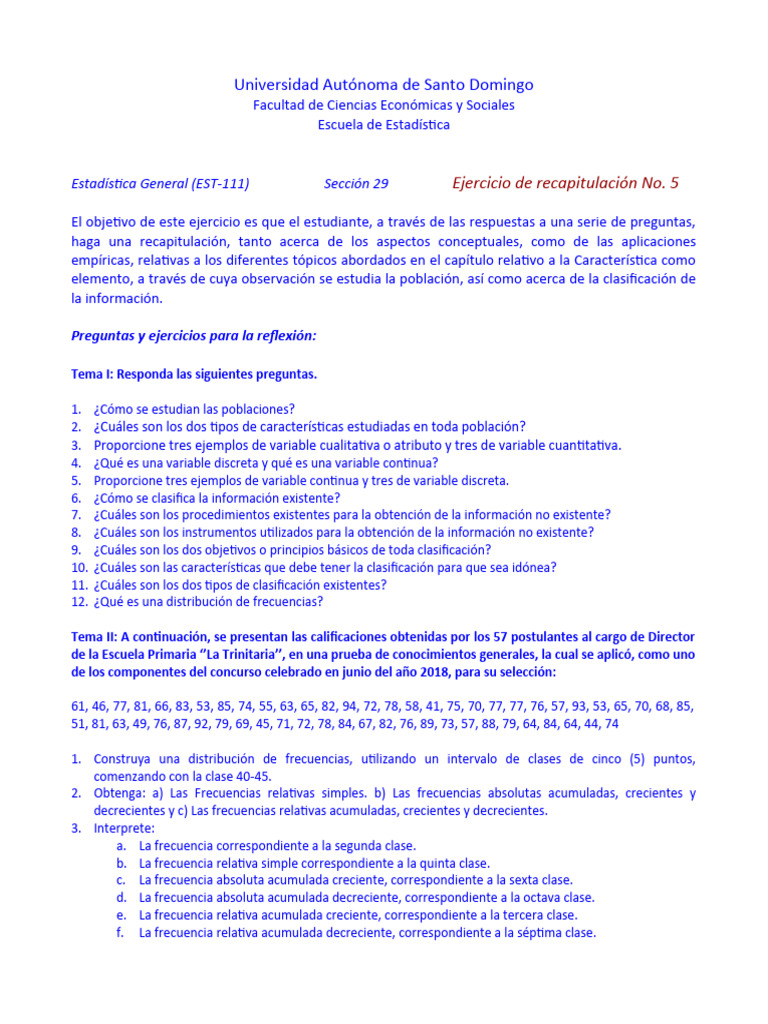 Ejercicio de Recapitulación en Estadística | PDF | Métodos y materiales ...