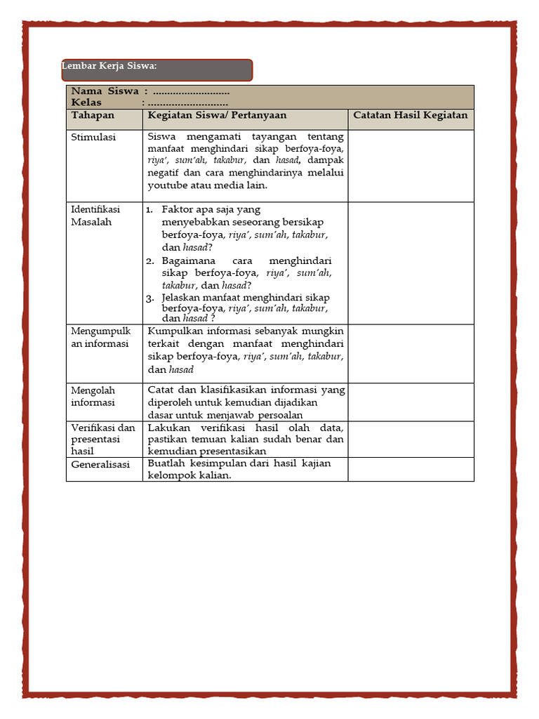 LKS Manfaat Menghindari Hidup Foya-Foya | PDF