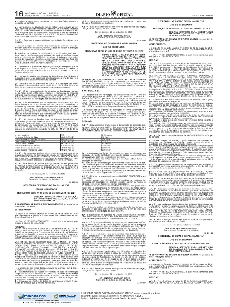 Doerj 184 - Substituição Comissão | PDF | Estado | Secretário de Estado