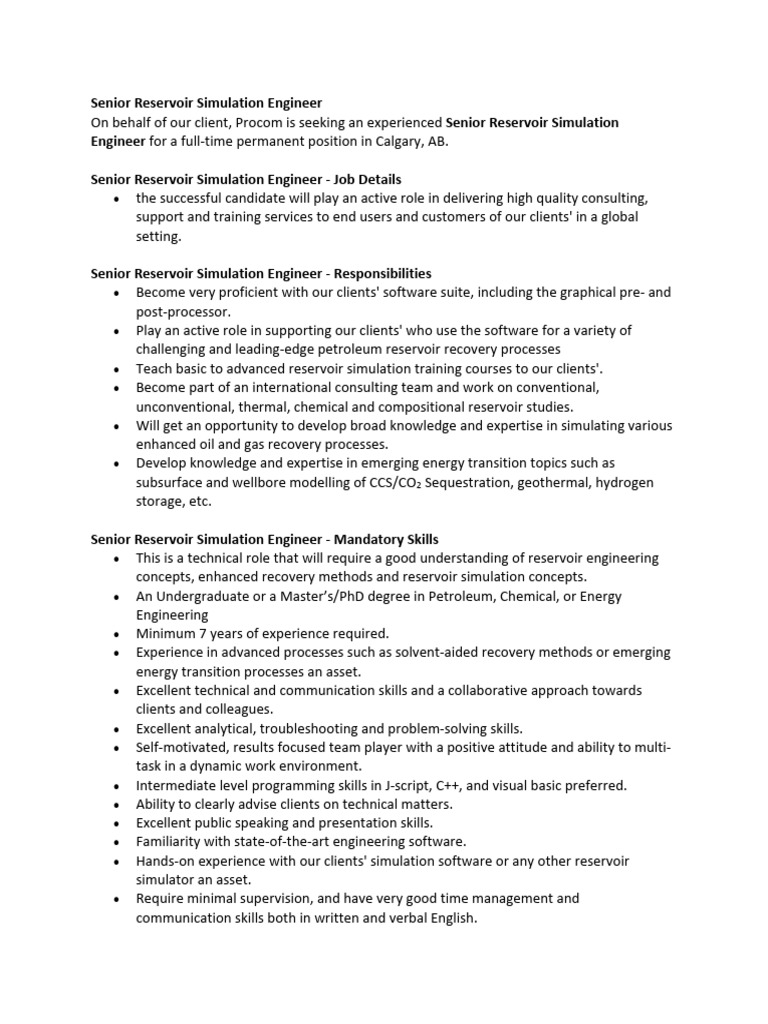 Senior Reservoir Simulation Engineer Job | PDF | Technology & Engineering