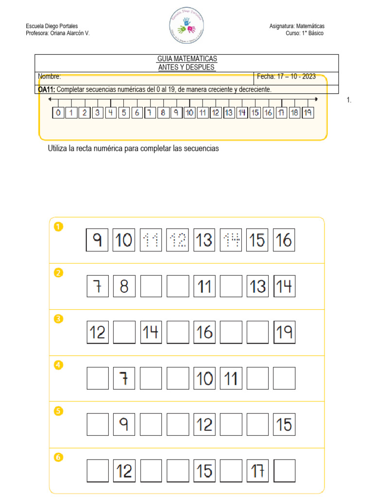 Secuencias Numéricas para 1° Básico | PDF | Métodos y materiales de enseñanza
