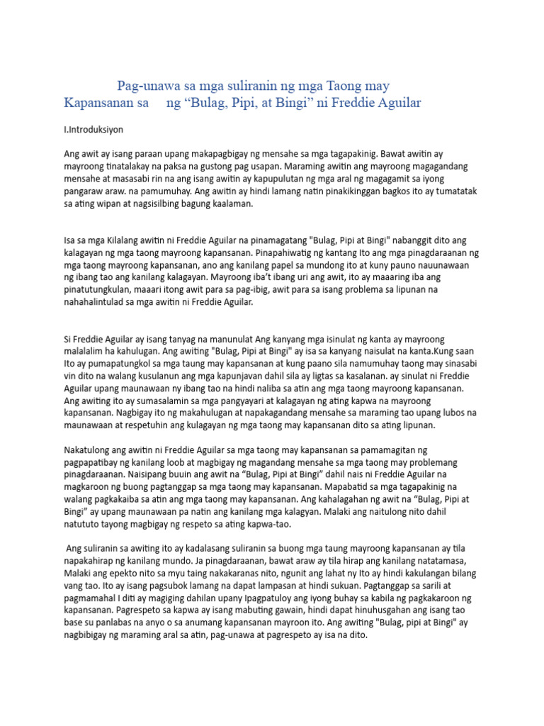 Pag-Unawa Sa Mga Suliranin NG Mga Taong May Kapansanan Sa NG "Bulag, Pipi, at Bingi" Ni Freddie ...