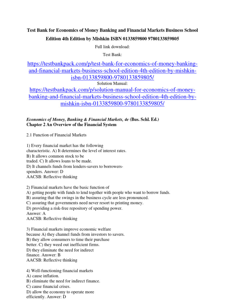 Test Bank For Economics of Money Banking and Financial Markets Business ...