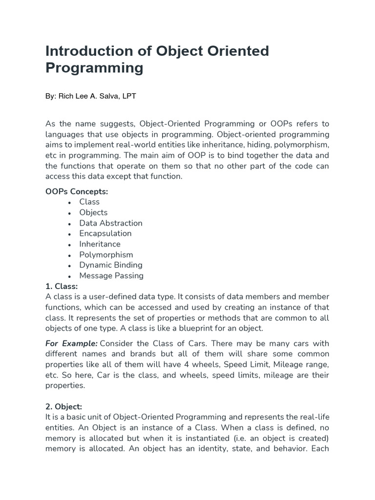 Unit 1 Lesson 1.2 Introduction of Object Oriented Programming | PDF