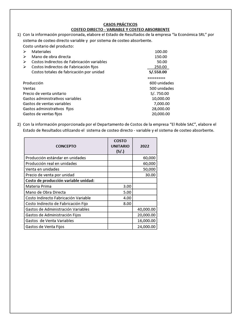 Casos Practico de Costeo Directo Variable y Costeo Absorbente | PDF | Presupuesto | Negocios ...