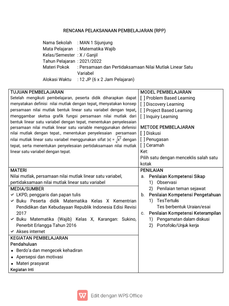 RPP 1 Lembar MTK Kls X | PDF