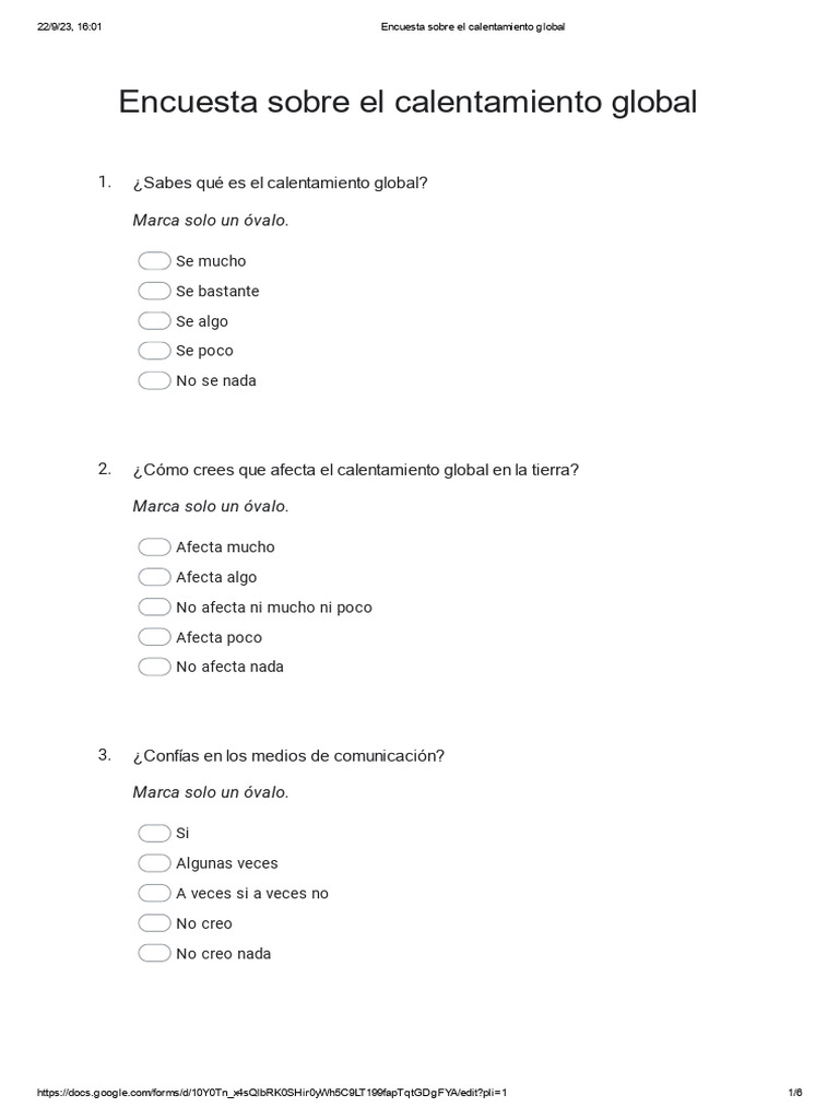 Calentamiento Global Encuesta - Formularios de Google | PDF