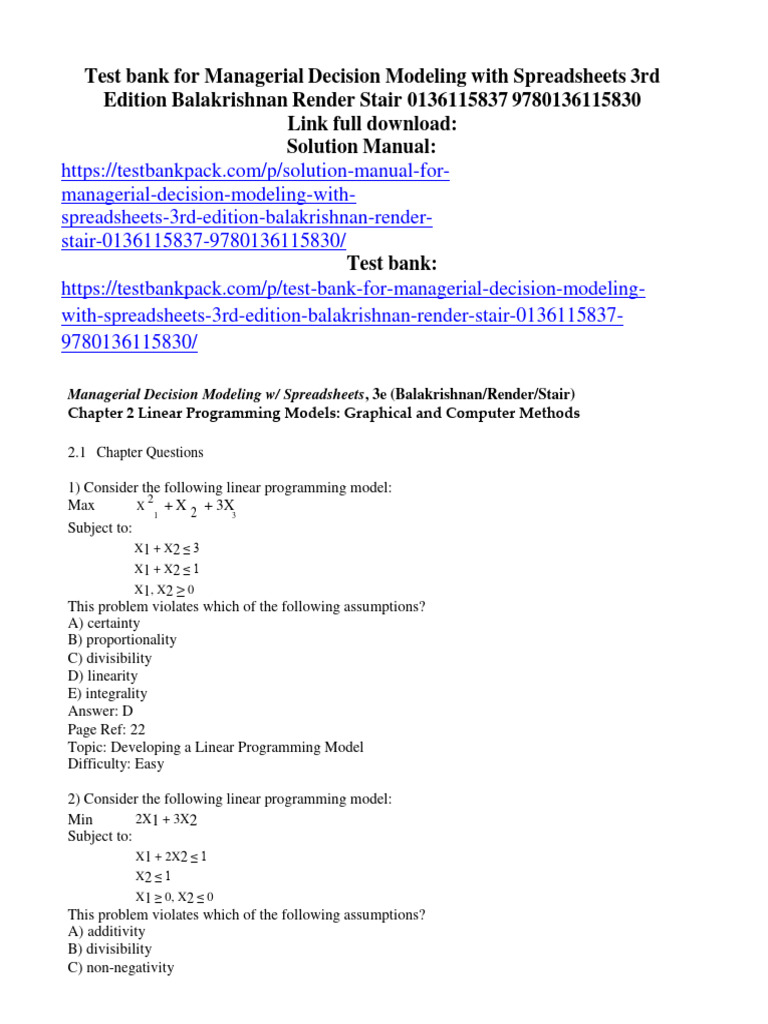 Test Bank For Managerial Decision Modeling With Spreadsheets 3rd ... Test Bank For Managerial Decision Modeling With Spreadsheets 3rd ...