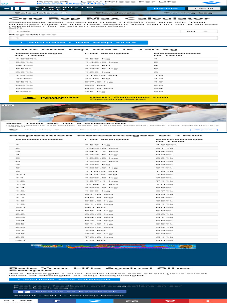 One Rep Max Calculator - Strength Level | PDF | Determinants Of Health | Strength Training