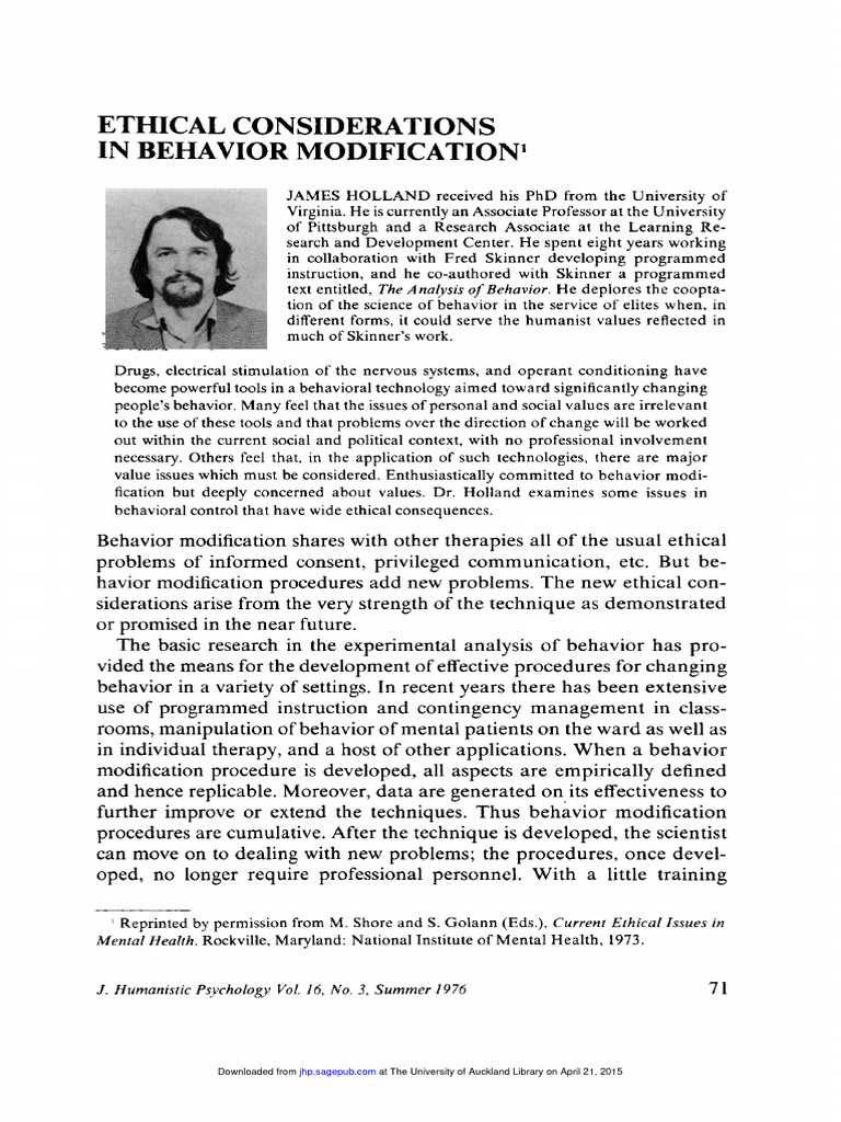 Ethical Considerations in Behavior Modification 1976 | PDF | Psychology ...