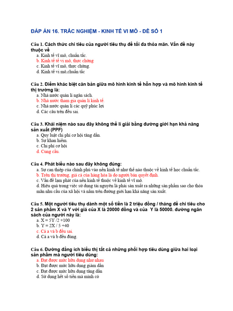 Trac Nghiem Kinh Te Vi Mo Va Dap An Full | PDF