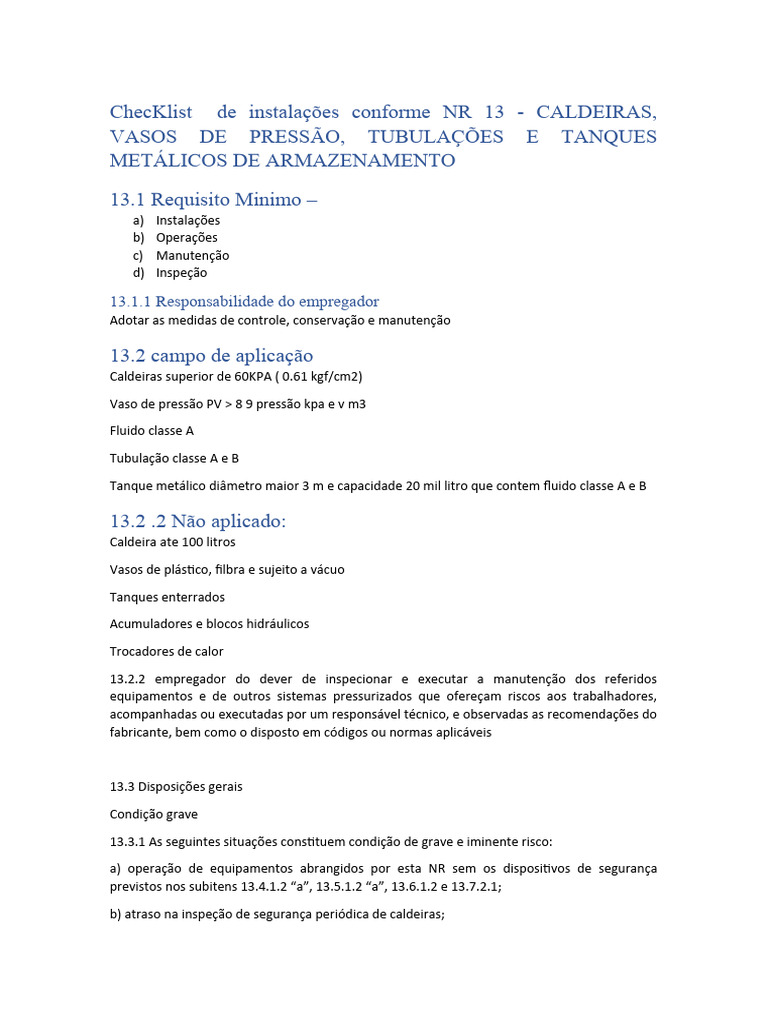 ChecKlist de Instalações Conforme NR 13 | PDF