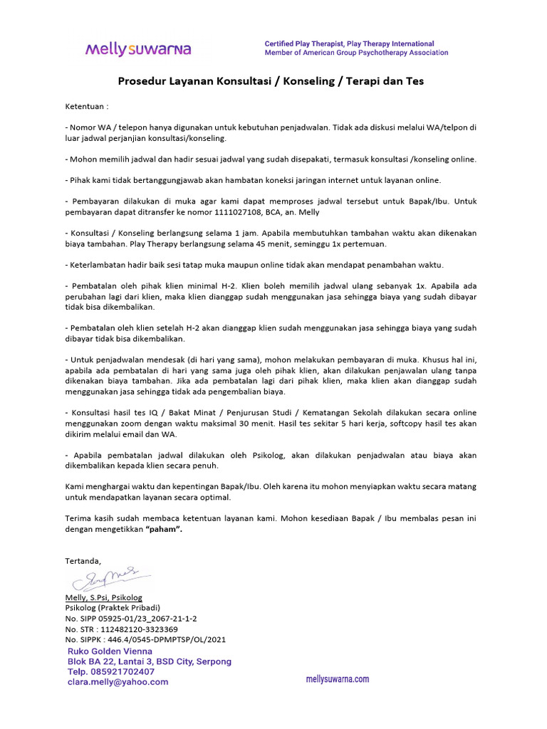 Prosedur Konsultasi Psikolog Melly | PDF | Karier & Perkembangan | Bisnis