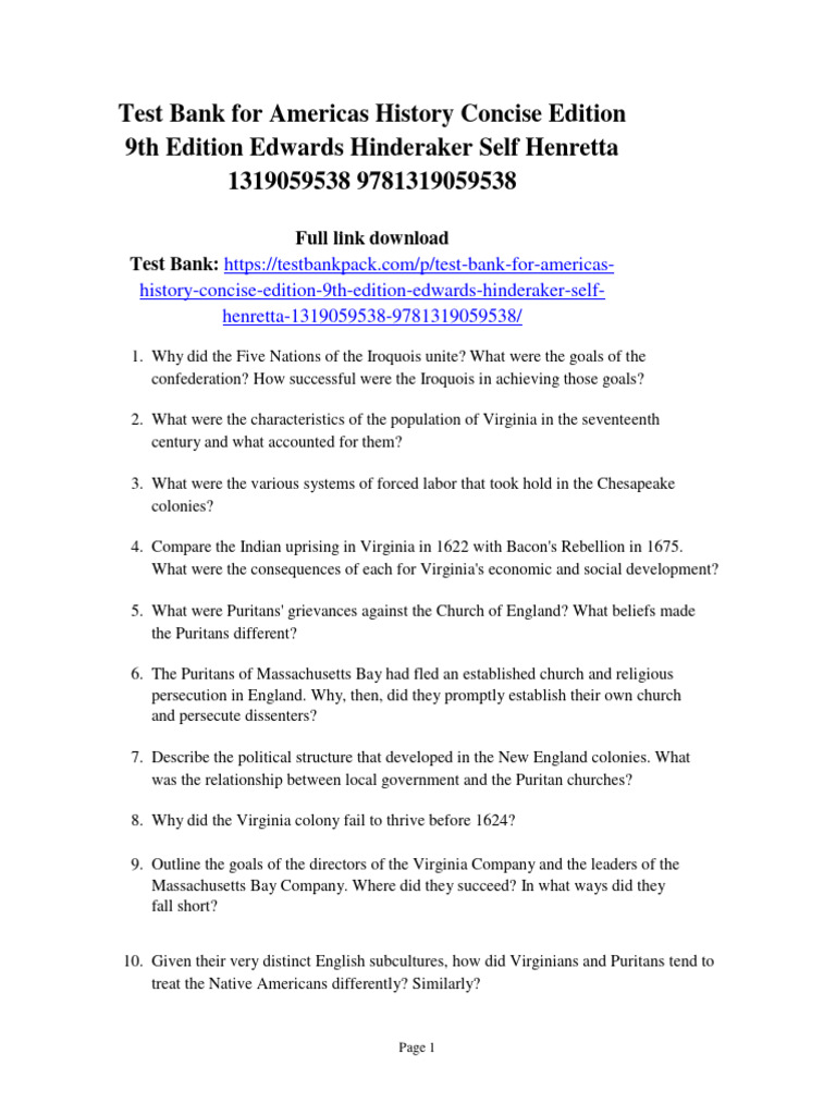 Test Bank For Americas History Concise Edition 9th Edition Edwards ...