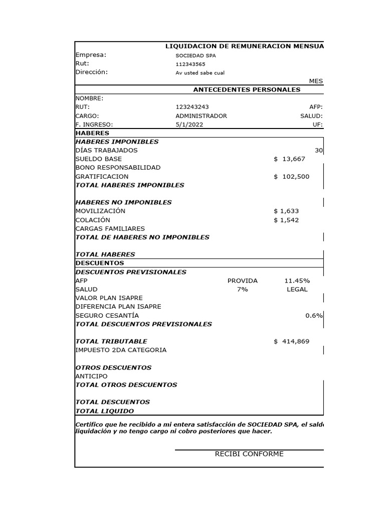 Liquidación de Sueldo Mensual Chile 2023 | PDF