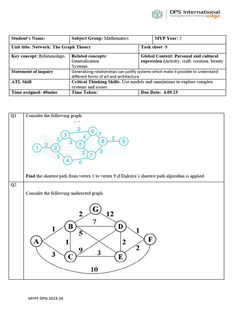 MYP 5 Graph Theory Worksheets | PDF