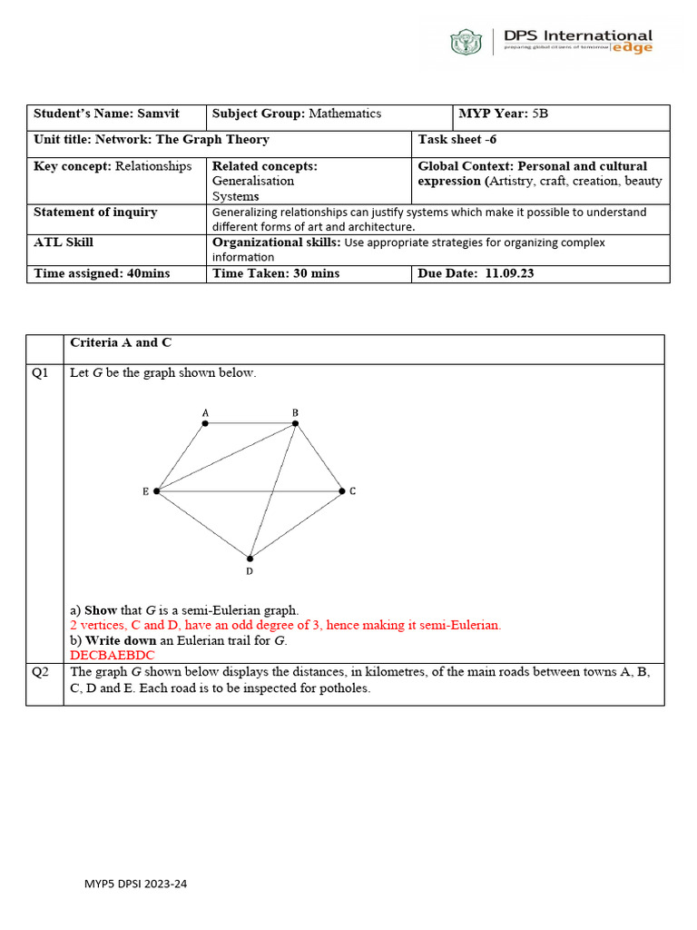 MYP5-Math Unit 1 Term1 Tasksheet 6 2023-24 - Network | PDF