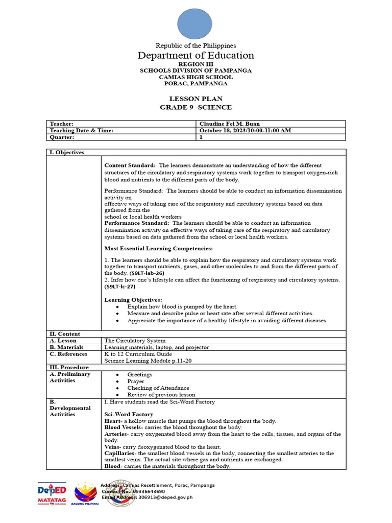 Grade 9 Science Lesson Plan: Circulatory System | PDF | Heart | Artery