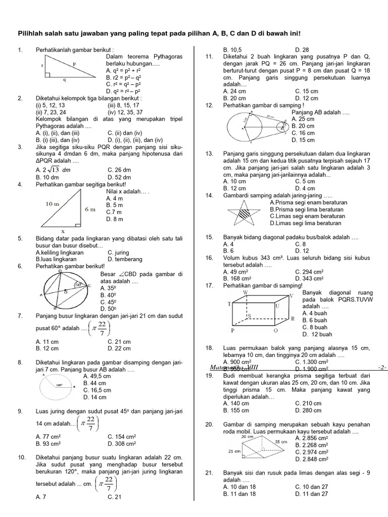 Soal PAT Matematika Kelas VIII 2021-2022 | PDF | Griya & Taman