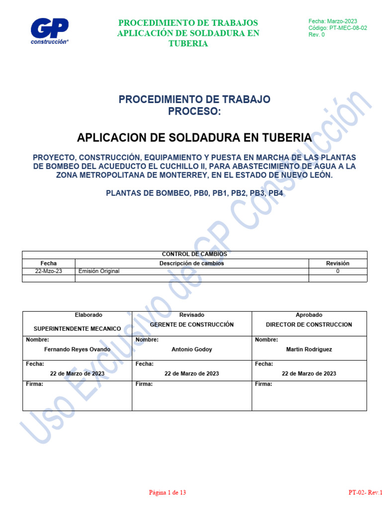Pt-mec-08-02 Procedimiento de Aplicacion de Soldadura en Tuberias | PDF