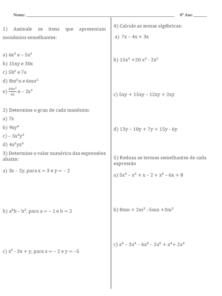 Atividade 8 Ano Monomios 3 | PDF | Métodos e Materiais de Ensino
