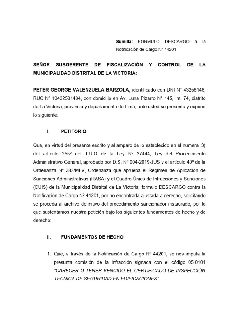 Descargo a la notificación de cargo 44201- Peter Valenzuela | PDF
