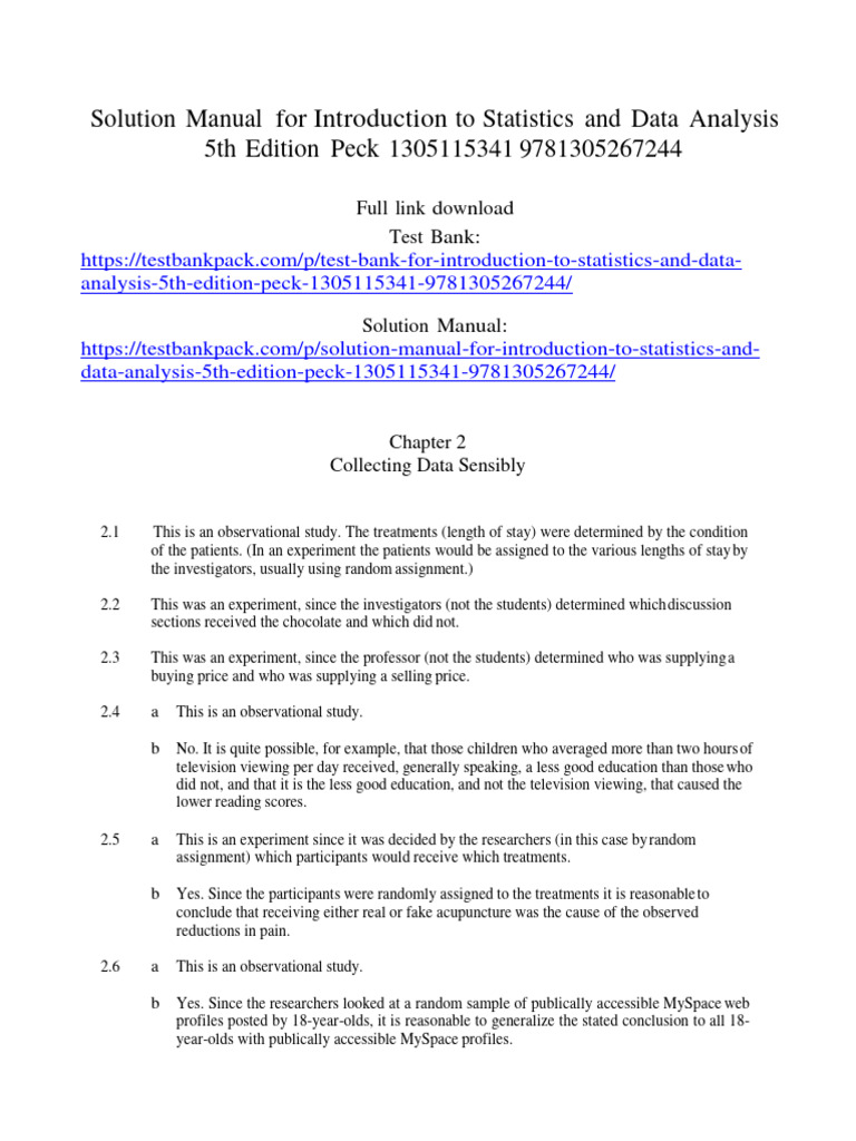 Solution Manual For Introduction To Statistics and Data Analysis 5th Edition Peck 1305115341 ...