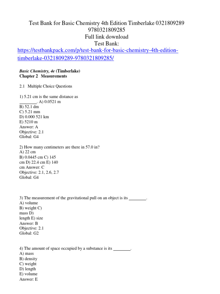 Test Bank For Basic Chemistry 4th Edition Timberlake 0321809289 ...