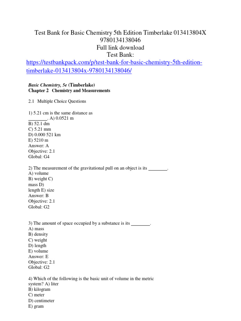 Test Bank For Basic Chemistry 5th Edition Timberlake 013413804X ...