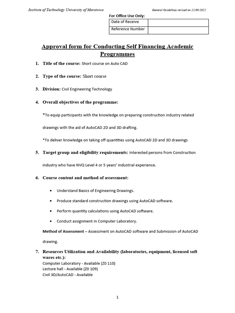 Auto CAD - Approval Form For Conducting Self Financing Academic ...
