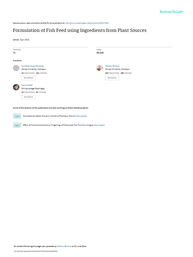 Formulation of Fish Feed Using Ingredients From Plant Sources | PDF