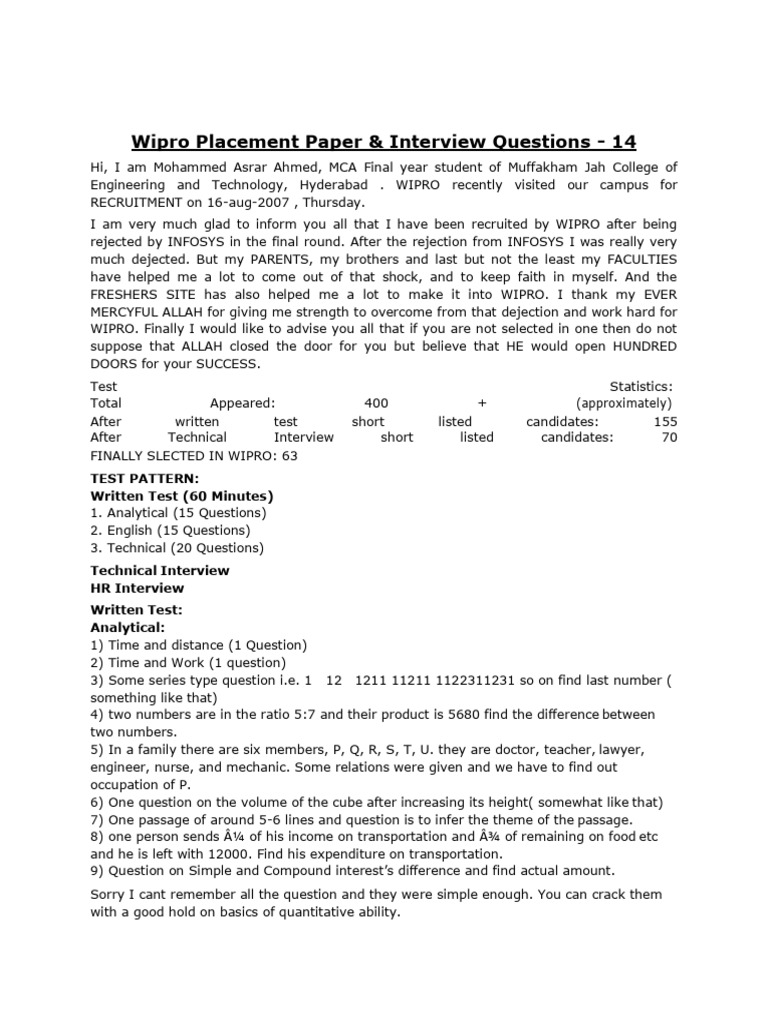 Wipro Off Campus Placement Papers | PDF