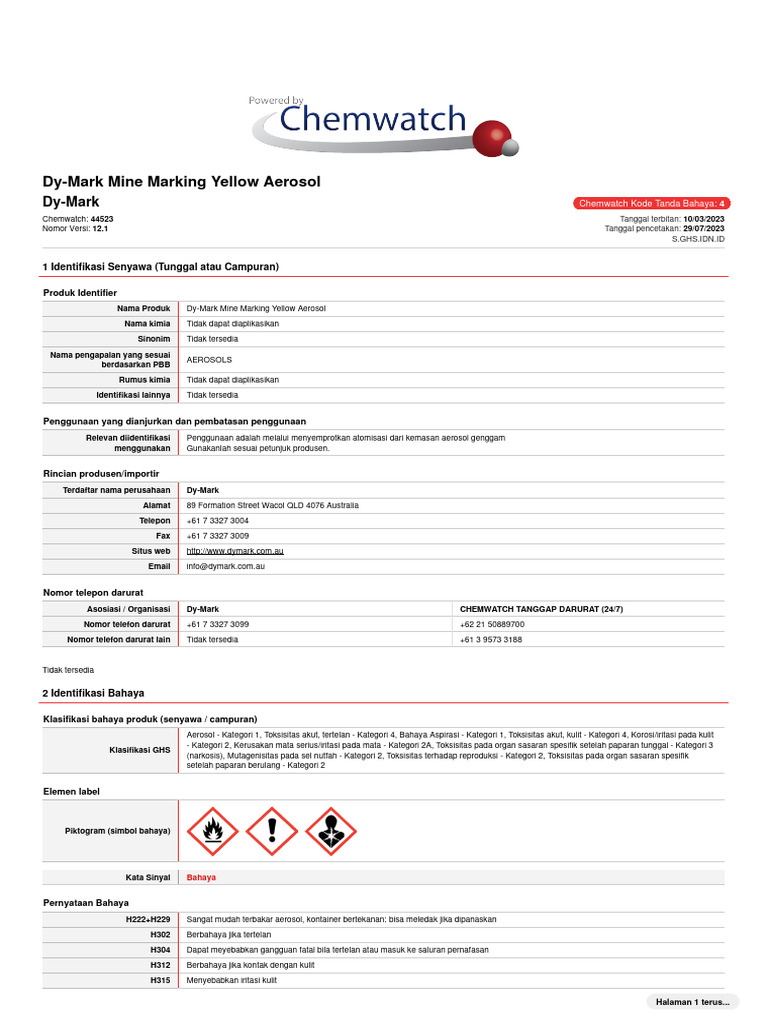 Dy-Mark Mine Marking Yellow Aerosol - 2023 - March - 10 - IDN - ID | PDF