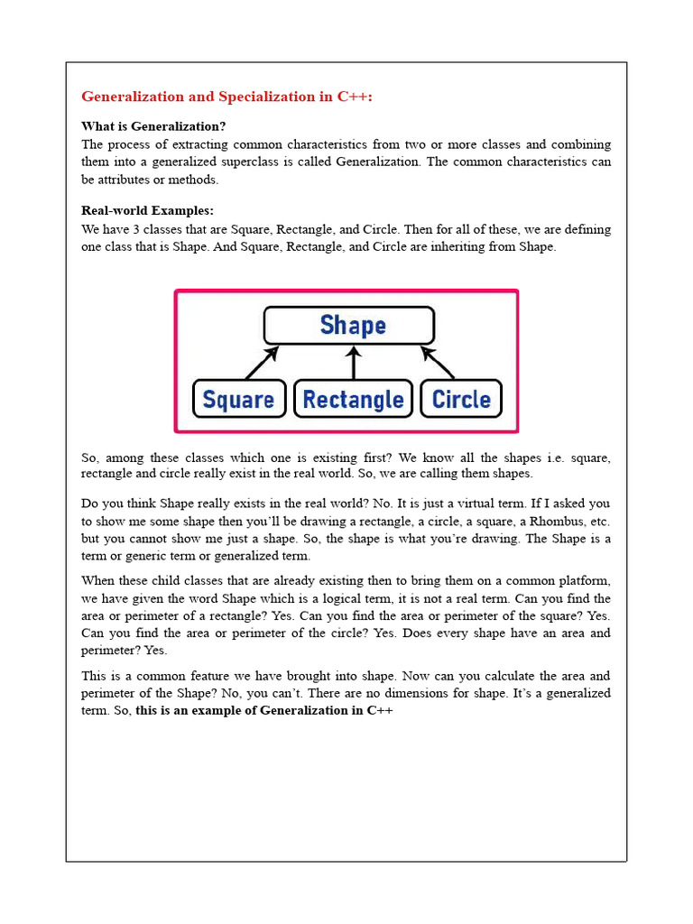 Neralization and Specialization in C++ | PDF | Inheritance (Object ...