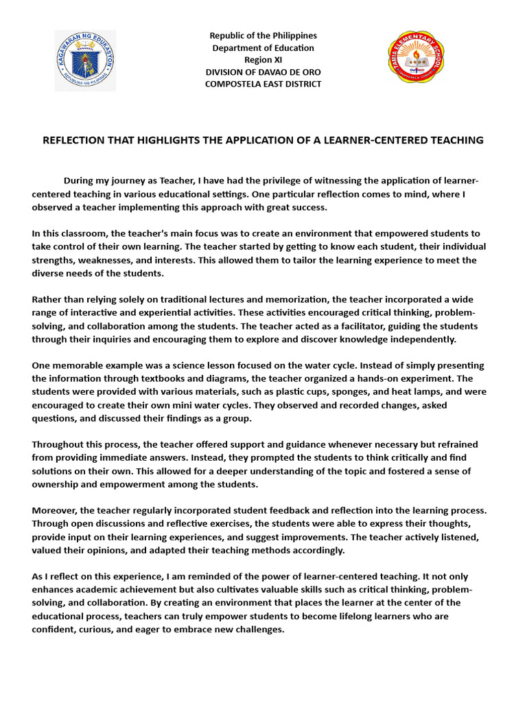 Reflection Highlights Leraner-Centered | PDF | Wellness