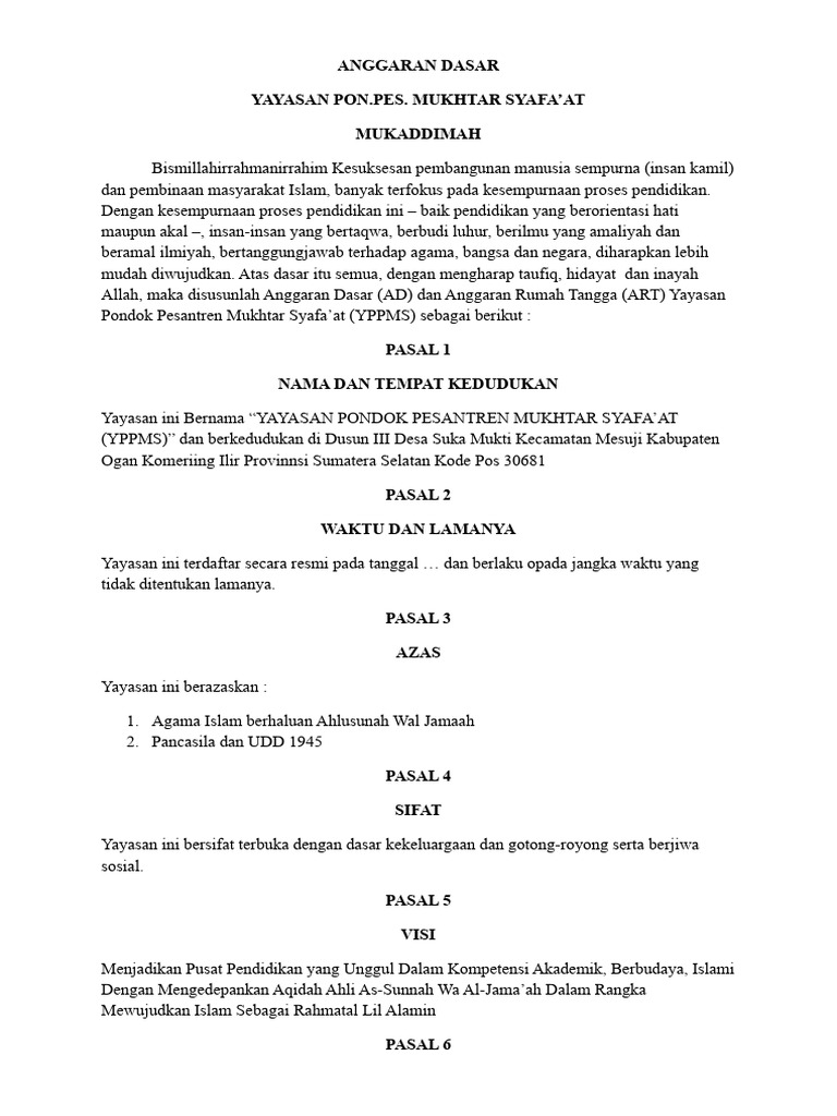 Anggaran Dasar Yayasan PPMS | PDF