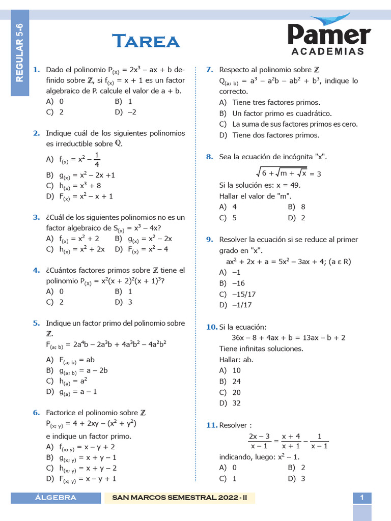 Álgebra - Fusión Reg 5 y 6 - Factorización - Radicación - Ecuación de 1 ...