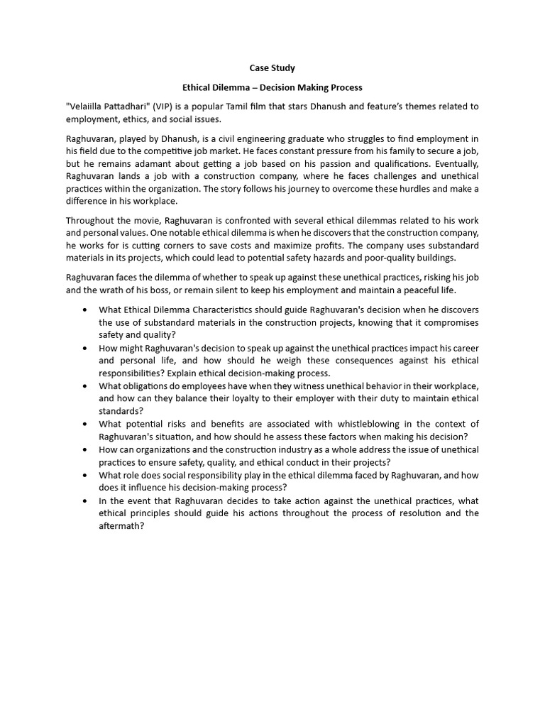 Case Study - Ethical Dilemma - Decision Making Process | PDF Case Study - Ethical Dilemma - Decision Making Process | PDF